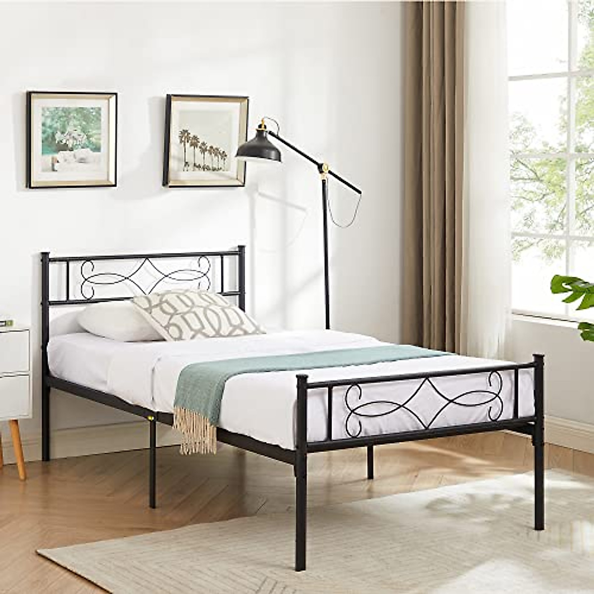VECELO Twin Size Bed Frame Metal Platform/Mattress Foundation with headboard Footboard/Steel Slat Support/No Box Spring Needed/Easy Assembly