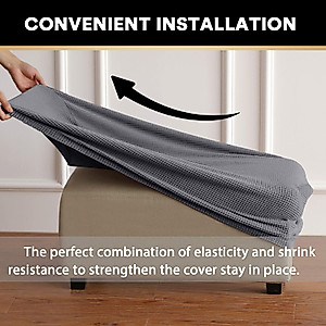 PrinceDeco Stretch Ottoman Cover Ottoman Slipcovers Rectangle for Living Room Foot Stool Stretch Covers to Fit Ottoman Foot Rest, Thick Checked Jacquard Fabric with Elastic Bottom (Large Size, Grey)