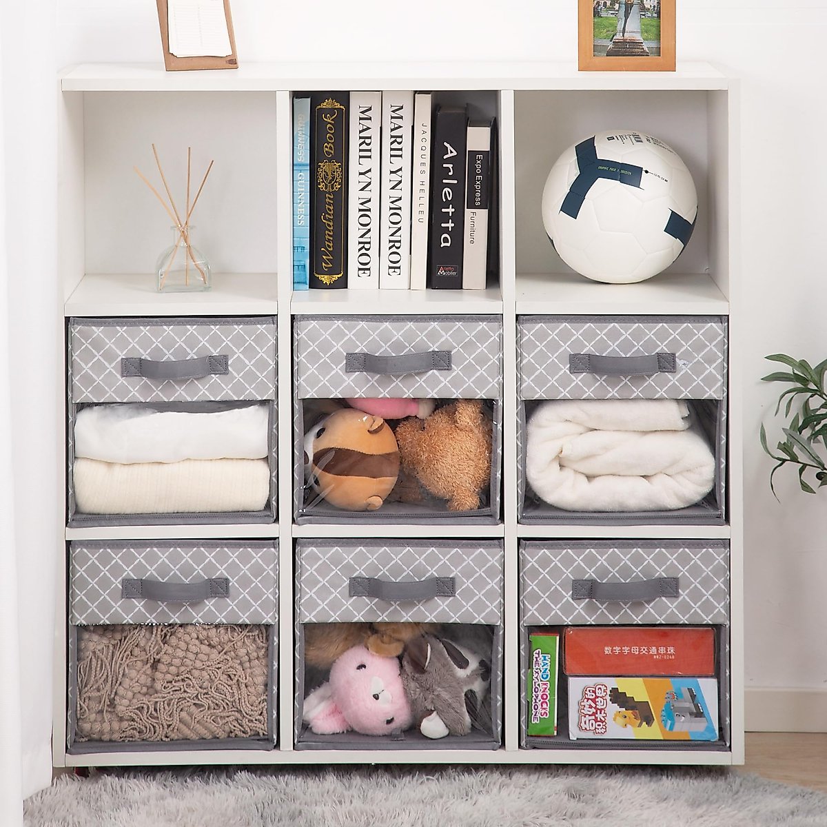 11x11 Large Storage Bins with Clear Window, Set of 6 Storage Cubes, Collapsible Cube Storage Bins, Fabric Closet Organizers with Handles for Home, Office, Closet Shelf Cabinet, Bookcase, Lattice