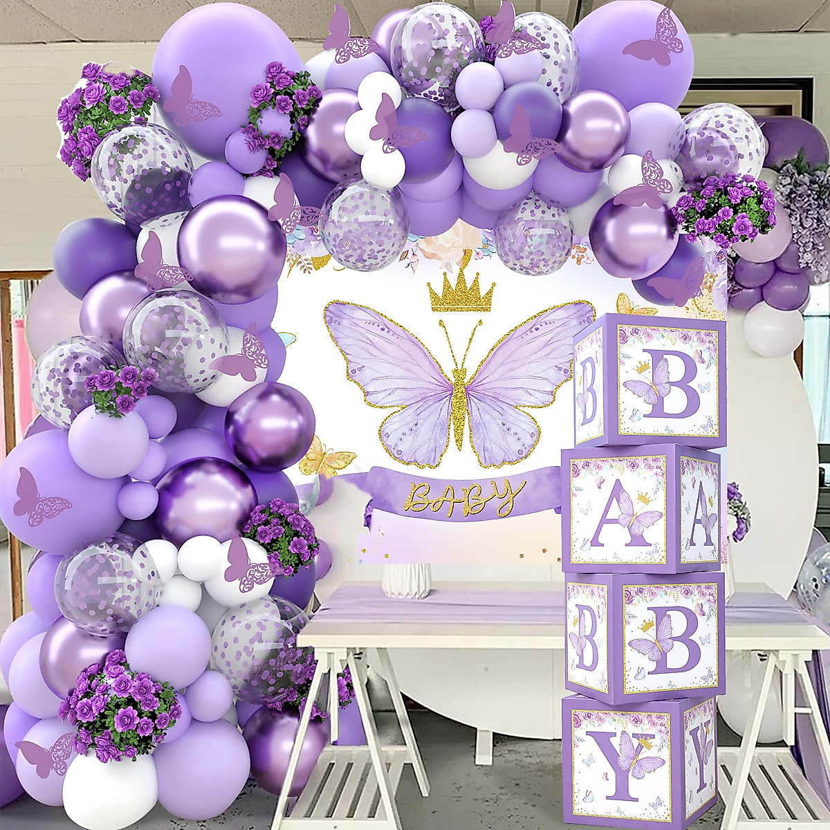Purple Butterfly Baby Shower Decorations for Girl，Purple Balloon Garland Arch Kit，Purple Butterfly Baby Boxes and Butterfly Backdrop Kit for Baby Shower Butterfly Birthday Lavender Party Decorations