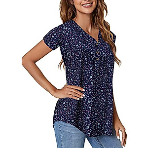 peasant tops for women tunic tops for women loose fit short sleeve flowy shirts Navy blue ditsy floral M