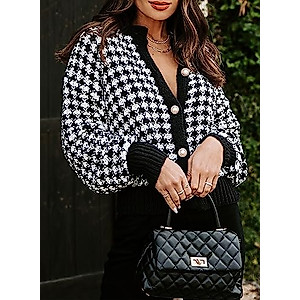 Dokotoo Womens Cardigan Sweaters Color Block V Neck Pearl Button Down Long Sleeve Plaid Cardigans Coats Casual Cable Knit Ribbed Fall Winter Ladies Loose Fit Jackets Outerwear Black XL