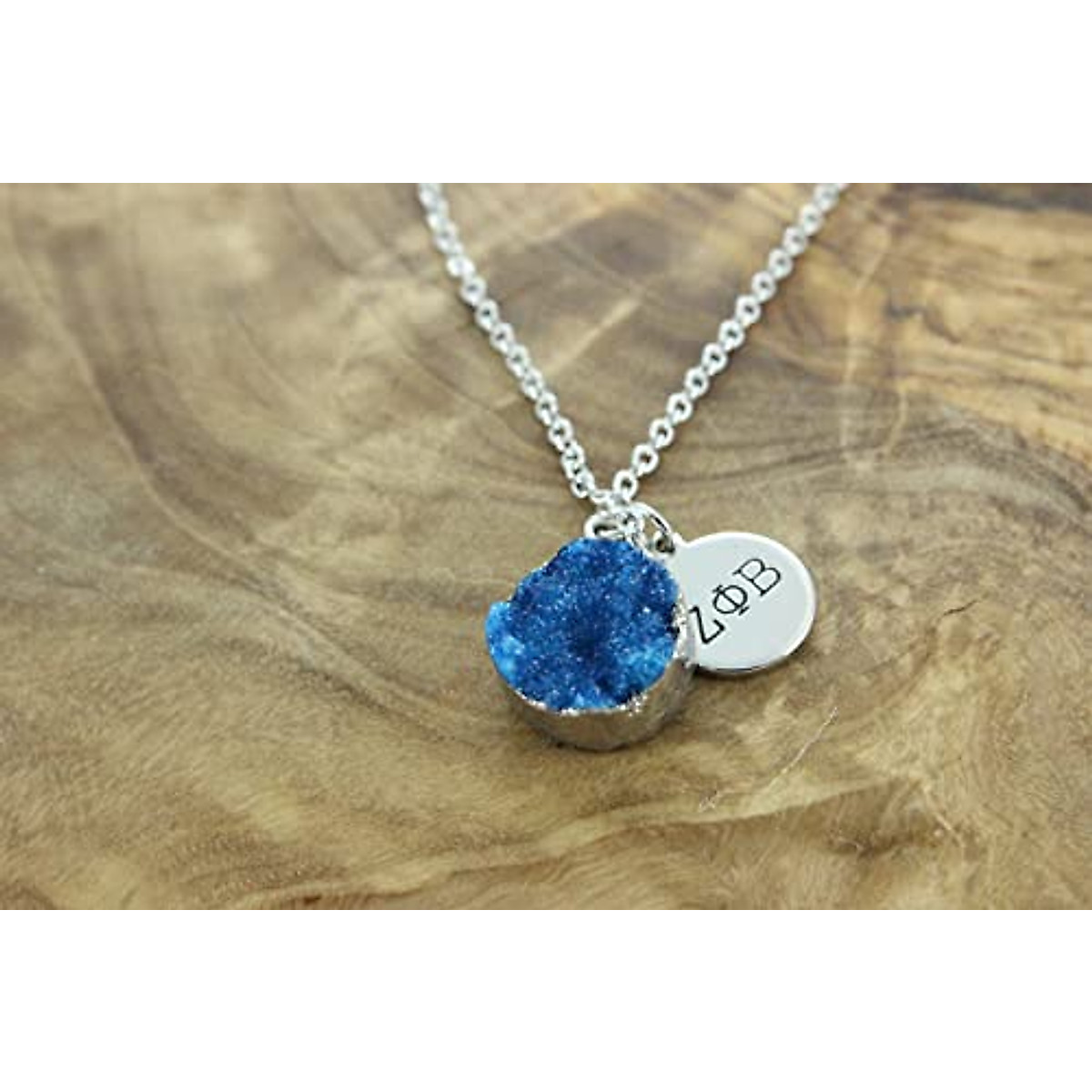 Sorority Shop ZPB Necklace - Zeta Phi Beta Blue Druzy Gemstone Necklace With Engraved Pendant – Rhodium Dipped Jewelry with Blue Gemstone – Sorority Gift, Charm Paraphernalia