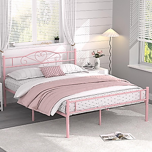 VECELO 14 Inch Queen Size Metal Platform Bed Frame with Headboard and Footboard, Heavy Duty Mattress Foundation with Steel Slats Support, No Box Spring Needed, Pink