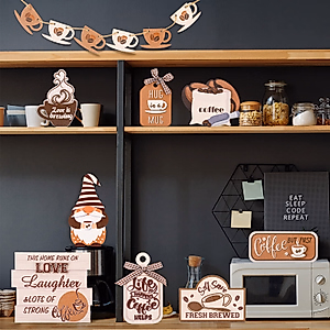 14 Pieces Coffee Tiered Tray Decor Set Coffee Theme Tiered Tray Decor Coffee Wood Signs Coffee Sign Rustic Trays Decor for Summer Home Kitchen Table Decor