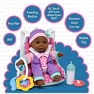 Dolls To Play Baby Doll Car Seat with Toy Accessories, Includes 10 Inch Soft Body Baby Doll, Booster Seat Carrier, Rattle Toy, Bib and Bottle, A Travel Gift Set for Toddlers Infants Girls and Boys
