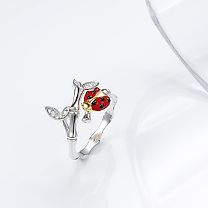 JZWUYAN Silver Ladybug Bamboo Leaves Ring - 925 Sterling Silver Cute Ladybug with Bamboo Leaf Jewelry for Women, Red Ladybug Animal on The Bamboo Adjustable Rings Gifts for Her