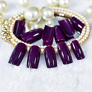 Coolnail Dark Purple Press On False Nails Medium Length Square Reusable Acrylic Deep Violet Solid Color Nail Art Tips Fake Fingernails for Women & Girl