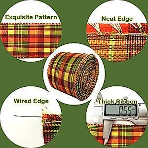 Wired Edge Autumn Buffalo Plaid Ribbon Fabric Burlap Ribbon for DIY Craft Wrapping Thanksgiving Decoration 6.56 Yard (Golden Edge Green Orange Yellow Plaid 5 cm)