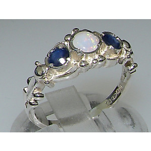 925 Sterling Silver Natural Opal and Sapphire Womens Trilogy Ring - Size 4.75