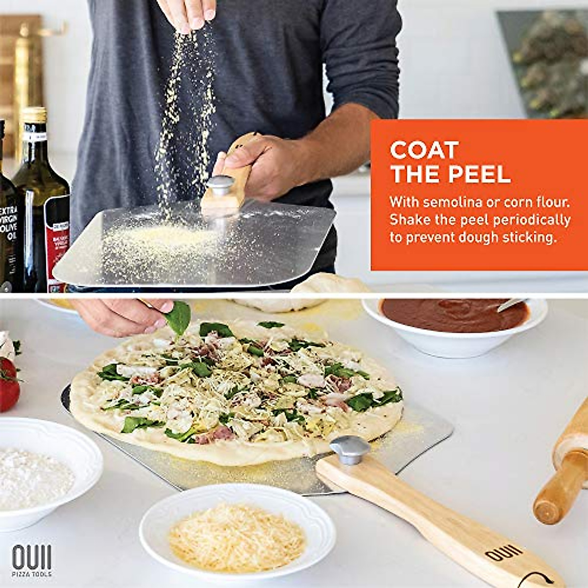 OUII Pizza Peel Aluminum Metal Pizza Paddle - 12 x 14 inch. Pizza Cutter Rocker 14'' Blade Pizza Spatula for Pizza Stone, Pizza Oven Accessories. Pastry, Dough, Bread Peel and Rocker Knife Pizza Tools