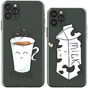 Toik Matching Couple Cases for Apple iPhone 11 Pro Xs Max Xr 10 X 8 Plus 7 6s 5s SE White Kawaii BFFs Milk Print Gift Slim Design Black Clear Lightweight TPU Boyfriend Soulmate Coffee Apple Cute