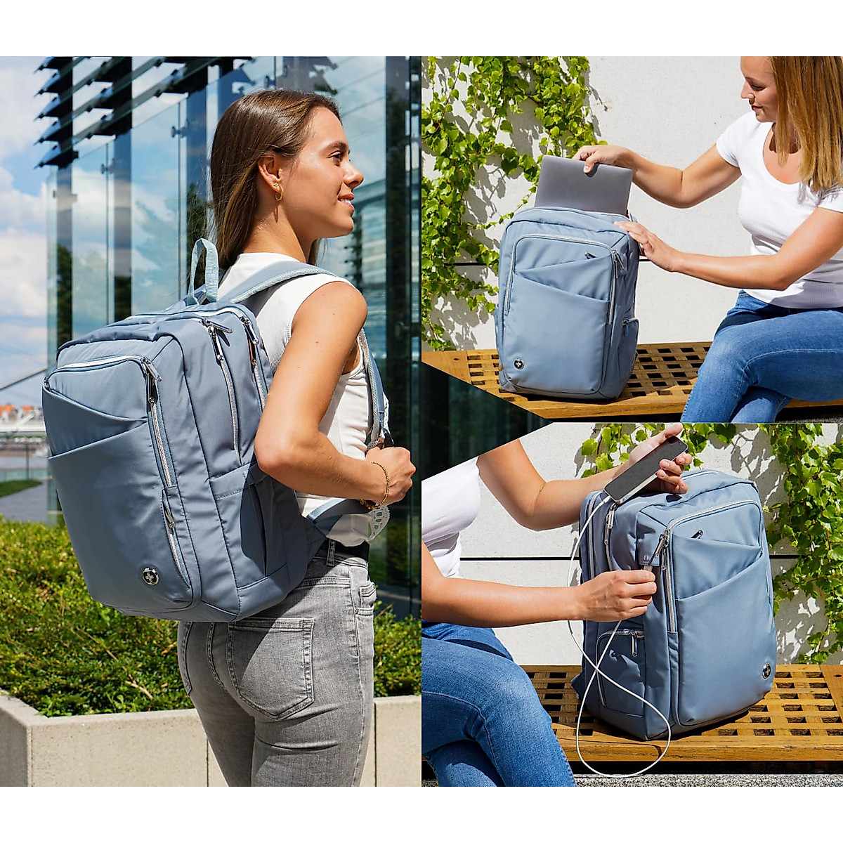 Swissdigital Design Laptop Backpack For Women, College Bookbags With USB Charging Port, Large Capacity Computer Backpacks For Work Business Blue (KATY ROSE SD1006F-13)