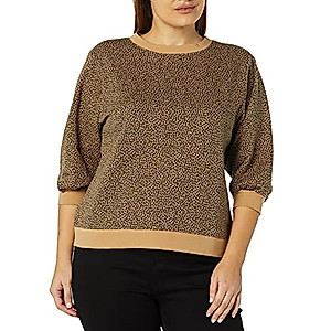 Amazon Essentials Women's French Terry Fleece Sleeve Detail Crewneck Sweatshirt, Camel Cheetah, Large