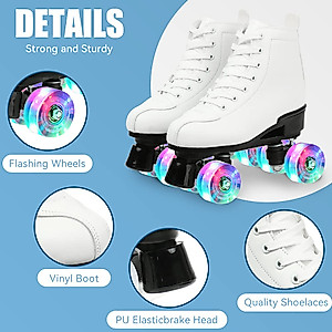 Gets Women's Roller Skates PU Leather High-top Roller Skates Four-Wheel Roller Skates Shiny Roller Skates for Girls Unisex (White Flash Wheel,US: 5.5)