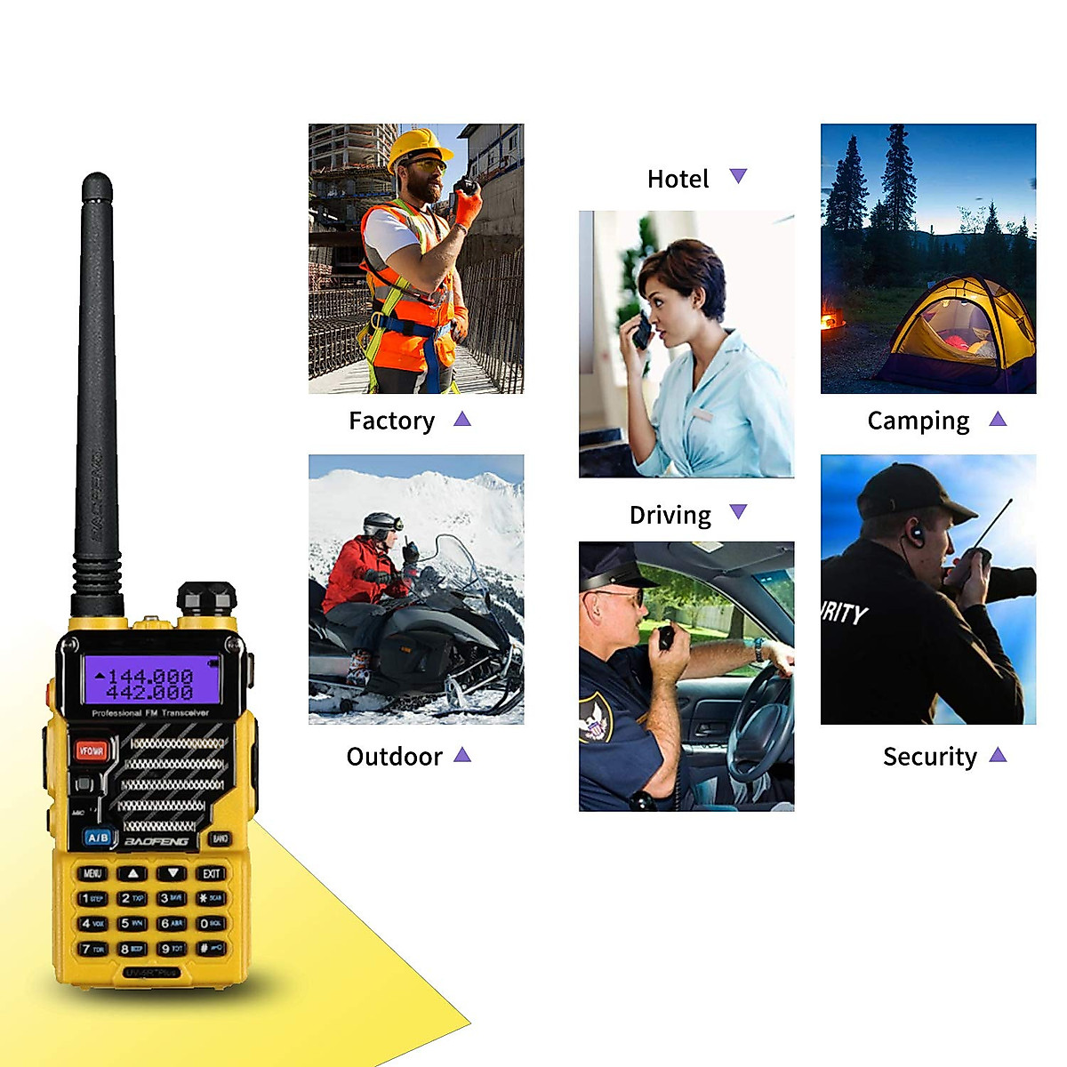 BAOFENG UV-5R+ Plus Two Way Radio, Long Range for Adults Rechargeable with Earpiece, Walkie Talkie for Outdoors, 144-148 420-450MHz, Qualette Series, Imperial Yellow