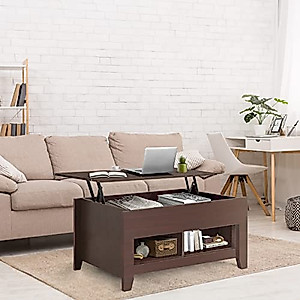 Lifetime Home Upgraded Lift Top Coffee Table with Hidden Compartment and Storage Shelf - Living Room Dining Table with Rising Tabletop Lifttop Desk for Apartment, Home, Condo - Espresso