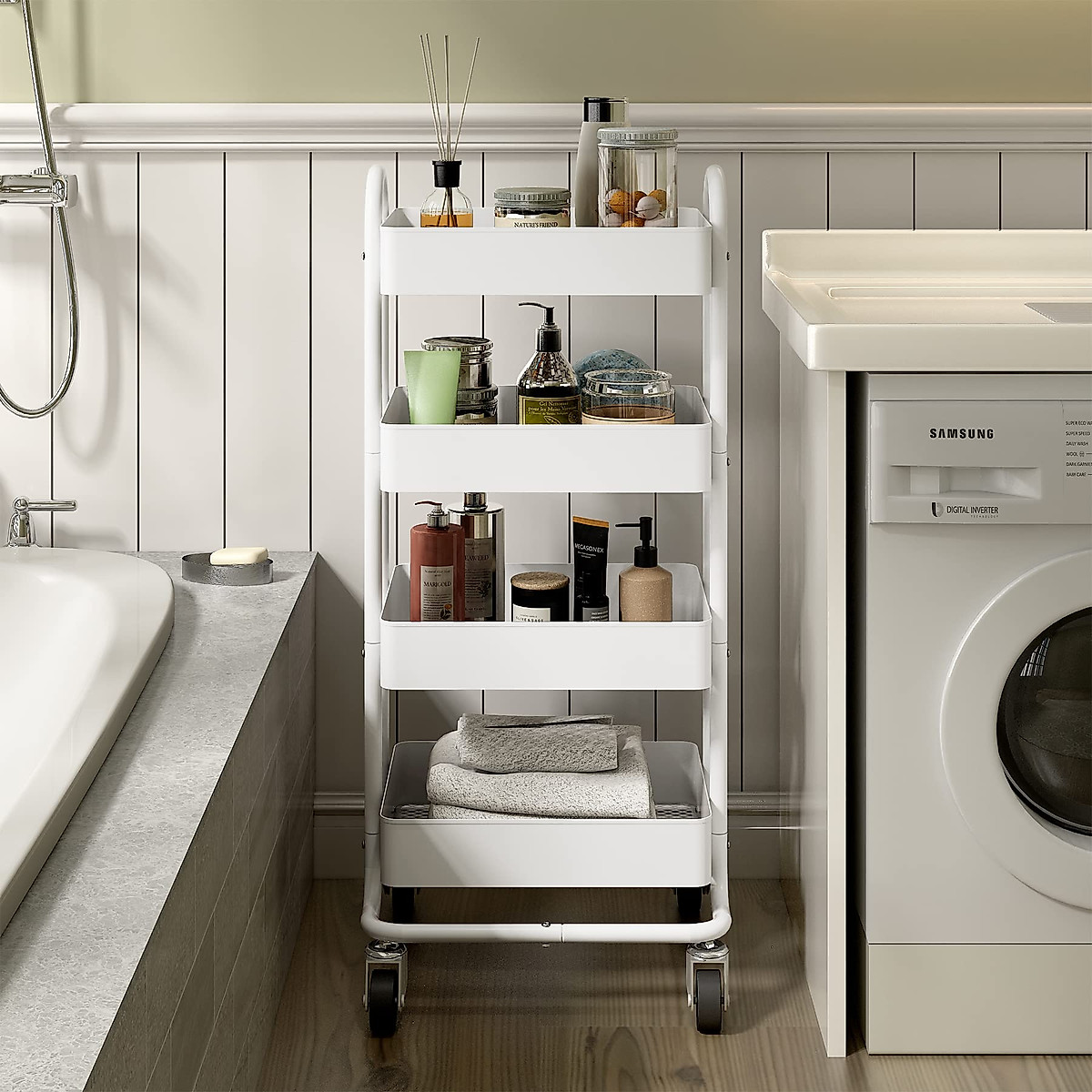 MIOCASA 4-Tier Metal Utility Rolling Cart, Heavy Duty Multifunction Cart with Lockable Casters, Easy to Assemble, Suitable for Office, Bathroom, Kitchen, Garden (White)