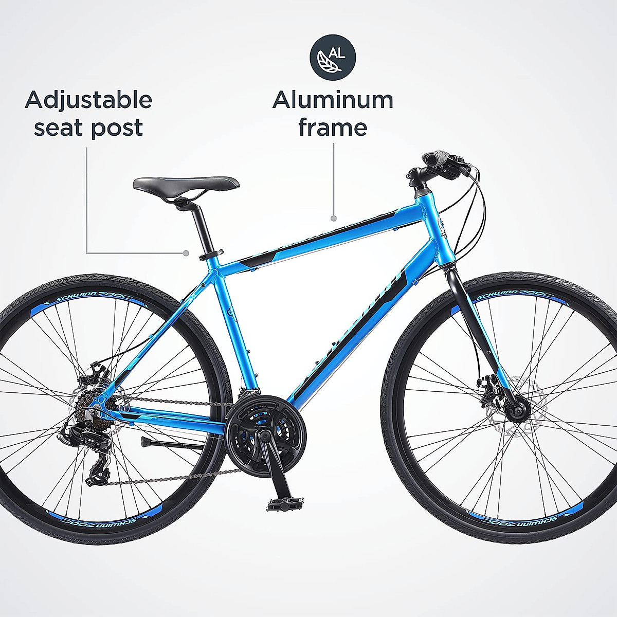 Schwinn Volare 1200 Flat Bar Hybrid Sports Road Bike, Men and Women, 21-Speed, 700c Wheels, 19-Inch Aluminum Frame, Disc Brakes, Matte Blue