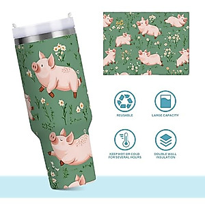 Wusikd Cute Pink Pig Tumbler Handle Lid and Straw Flowers Water Bottle Stainless Steel Coffee Travel Tumbler Mug Cup Gifts for Men Women 40oz