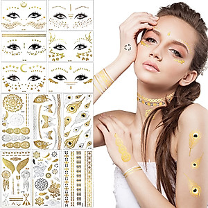 Coume 12 Sheets Gold Glitter Freckles Face Tattoo Henna Freckles Tattoos Sticker Set Mandala Flowers Fake Tattoo Stickers Waterproof Temporary Tattoos Stickers for Women Halloween Party Costume Makeup