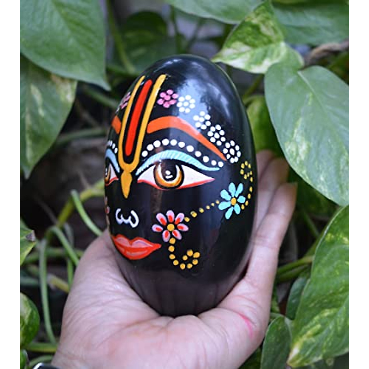 Laddu Gopal Shaligram Stone with Beautiful Design Painted on it Black~I-5574