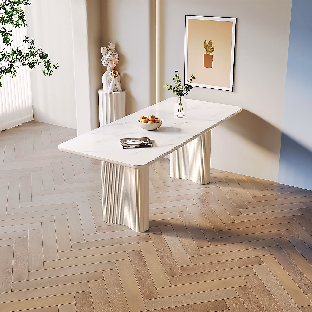 Miuuod 71" L Dining Table for 4-8 People,Kitchen & Dining Room Sofa Tables with Slate Tabletop Long Coffee Table for Living Room Space Saving Console Tablefor Dining Room Cream