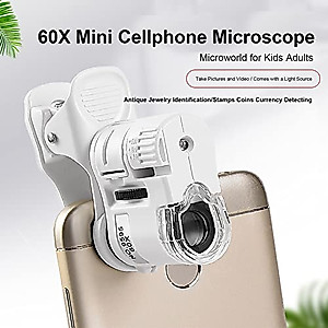 60X Mini Mobile Phone Microscope with UV/LED Light, Clip Loupe Microscope Magnifier for Currency Detecting, Jewelry Rocks Coins Evaluating and Repairing, for Most Cellphones