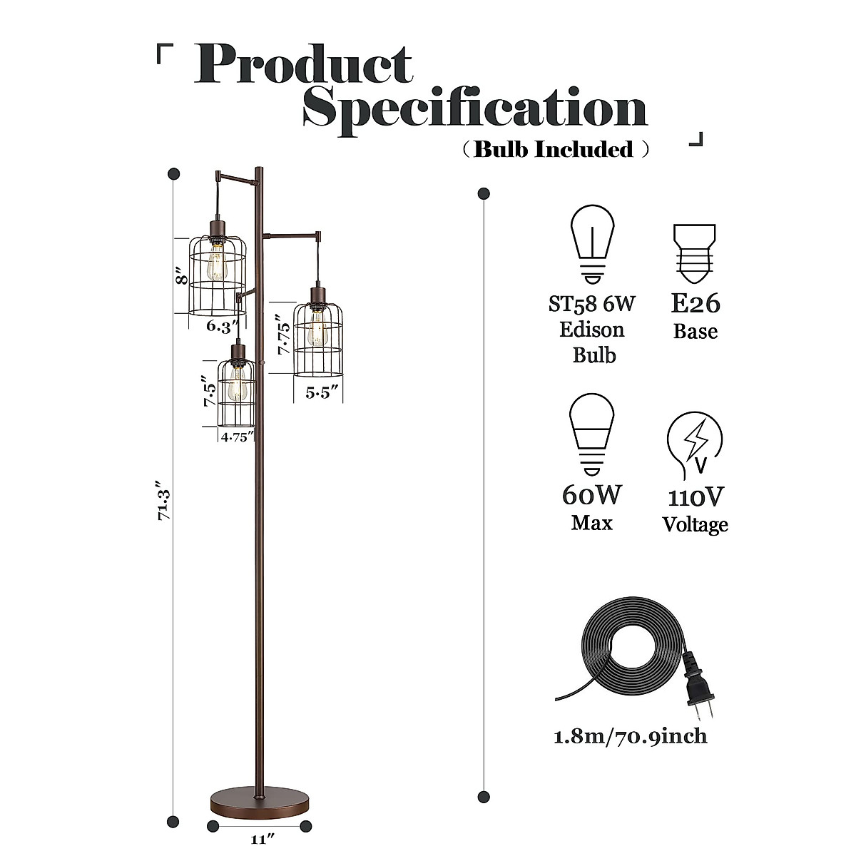 ELYONA Upgraded Industrial Dimmable Floor Lamp & Wood Desk Lamp with Wireless Charging & USB Port, Swing Arm, LED Bedside Table Lamp for Bedroom, Adjustable Reading Task Lights for College Dorm