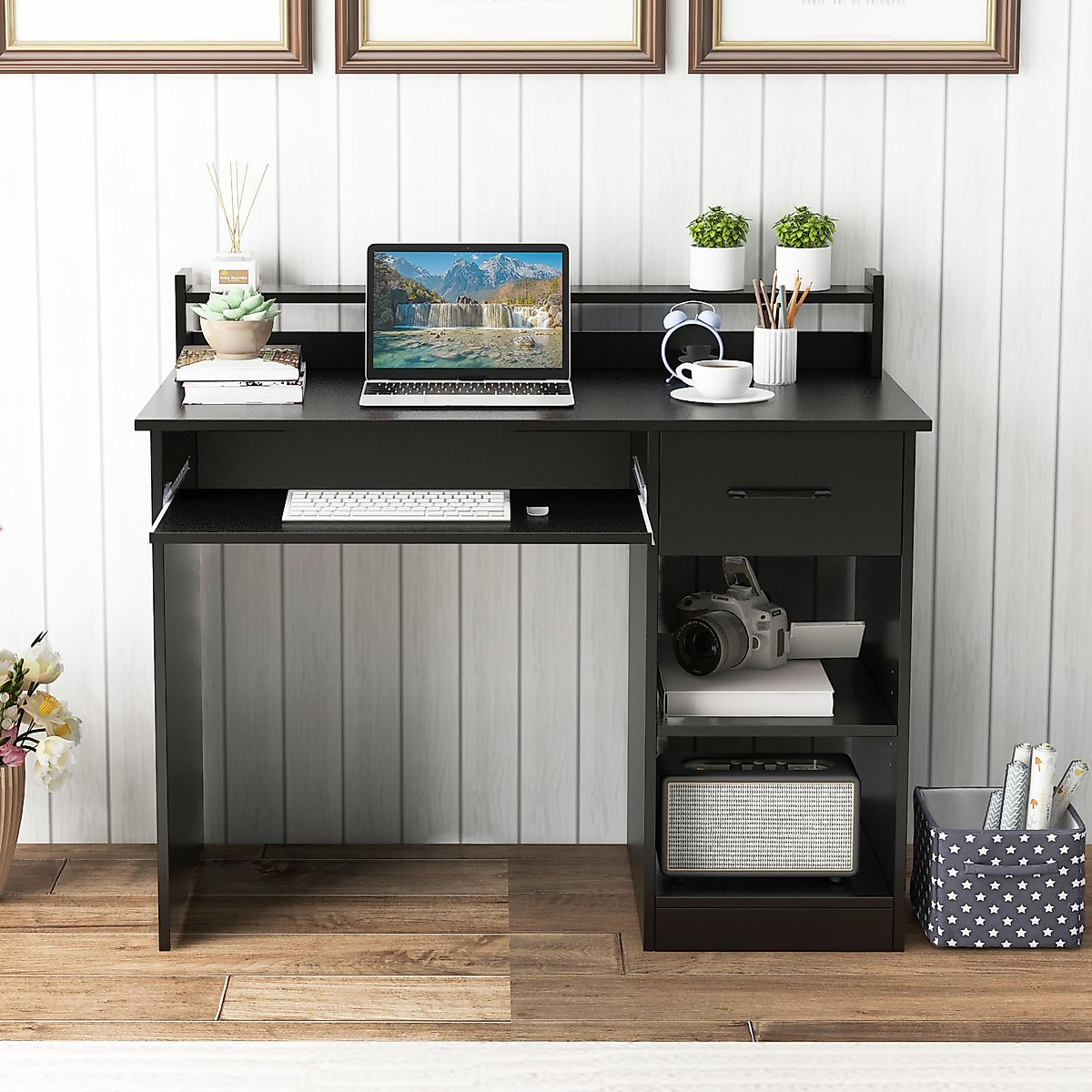 IFANNY Computer Desk, Office Desk with Drawers, Hutch, Keyboard Tray & Adjustable Shelf, Small Desk with Storage, Modern Home Office Desks, Black Desk for Bedroom, Living Room, Study (Black)