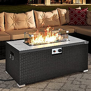 YITAHOME 43 Inch Propane Fire Pit Table and Resin Wicker Base 50,000 BTU Gas Fire Pit with Ceramic tile Tabletop, Fire Glass Beads, Cover, Rectangle Outdoor Firetable for Patio Garden Backyard (Black)