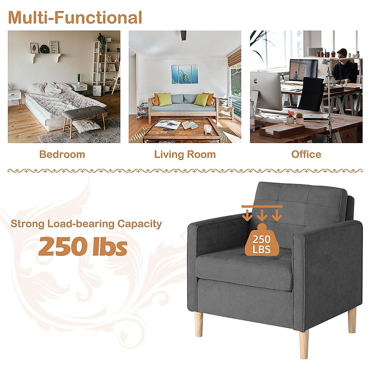 STHOUYN Mid Century Modern Comfy Accent Arm Chair Set of 2, Bedroom Chair for Adults, Living Room Office Reading Chairs, Suitable for Small Spaces (2, Grey)