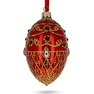 Ruby Jewels on Glossy Red Glass Egg Ornament 4 Inches