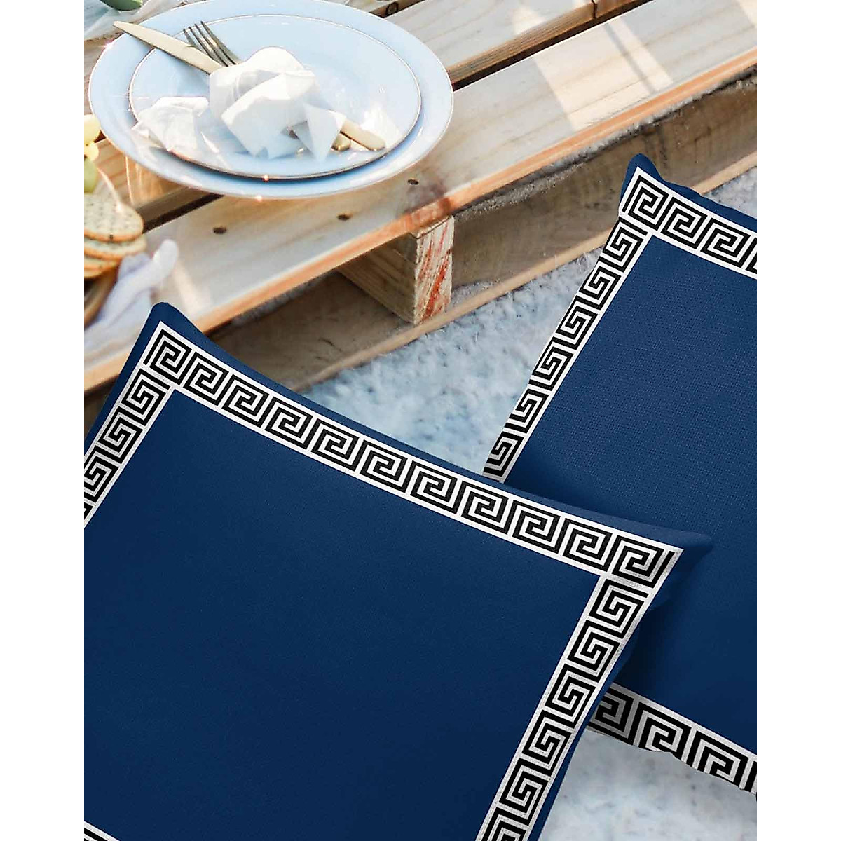 Outdoor Waterproof Pillow Covers for Patio Furniture Geometric Greek Key Design Decorative Throw Pillow Cover Navy Blue Pillowcases Set of 2 Cushion Case for Sofa Couch Chair Home Decor 26x26 inch