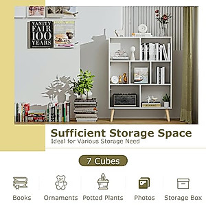 DIFY Wooden Bookcase 7 Cube Open Bookcase with Legs, Display Bookshelves Storage Organizer Shelf for Living Room, Home Office and Bedroom, White