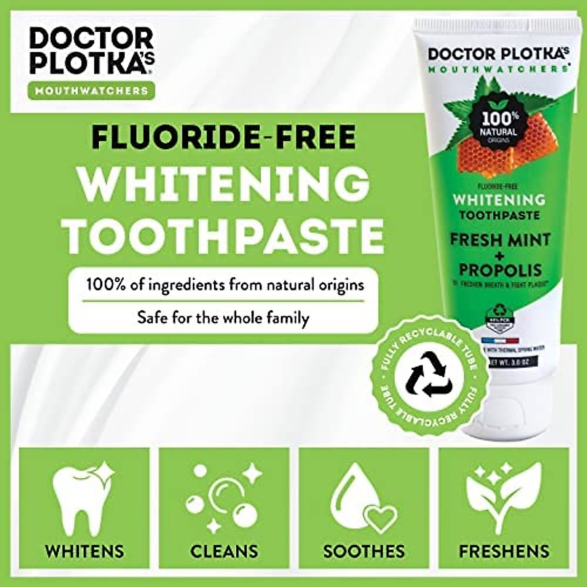 Dr Plotkas Natural Fluoride Free Whitening Toothpaste by Mouthwatchers | Organic Propolis and Fresh Organic Mint | Sensitive Teeth and Gums | 3 Oz. Tube
