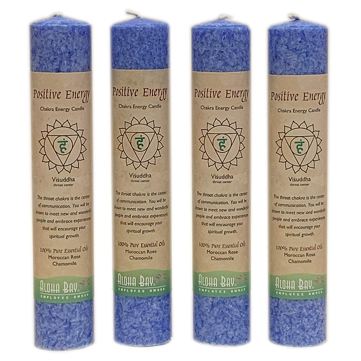 Aloha Bay Chakra Energy Pillar Candles | Meditation and Balance Set (4 pack, Positive Energy - Visuddha | Moroccan Rose, and Chamomile)