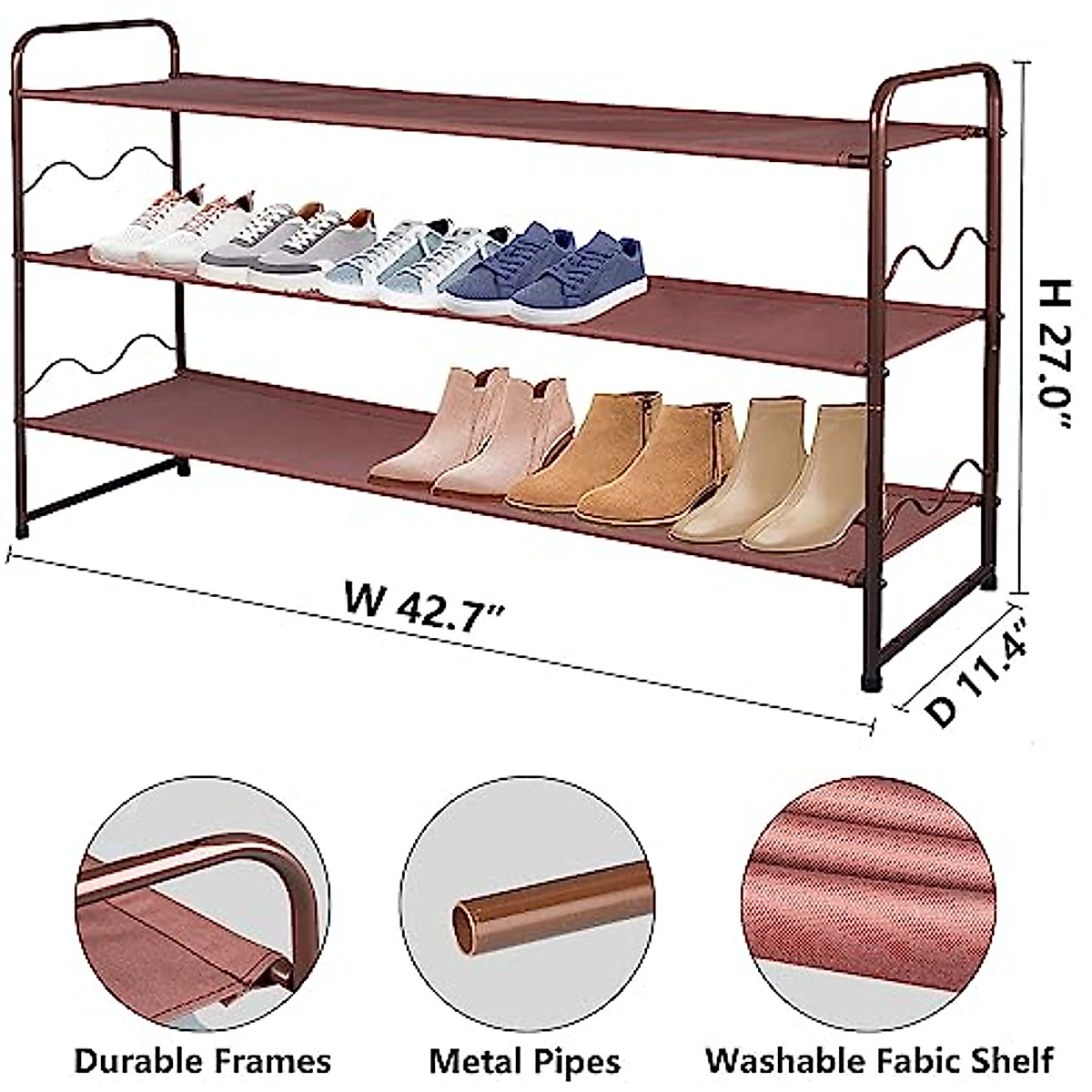 ZXNABA 3-Tier Shoe Rack Stackable Long Shoe Shelf Storage Organizer for Closet, Entryway 18-Pair / 24-Pair (Golden-Brown)