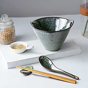 UNICASA Japanese Ramen Bowl Set with Chopsticks, Spoons and Rests, 26oz Deep Porcelain Noodle Bowl Set of 2 for Udon, Pho, Salad, Soup (Teal Green)