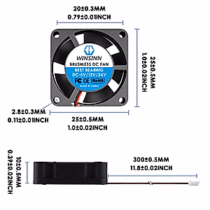 WINSINN 25mm Fan 24V, 3D Printer Micro 24 Volt Fans 2510 Dual Ball Bearing, Brushless Cooling 25mmx10mm 2PIN (Pack of 2Pcs)