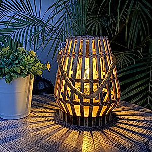 Hanging Solar Lantern Rattan Outdoor Lanterns for Patio Waterproof with Handle Large Bright Natural Bamboo Solar Table Lamp LED Lights Edison Bulb Design Decor for Wedding Yard Garden Farmhouse
