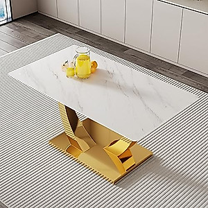 Goderfuu Glass Dining Table for 6 People, 63 inch Modern Kitchen Table with Gold Metal U-Base, White Marble Textured Glass Dining Table Pedestal Dinner Table, Faux Marble Dining Table for Dining Room