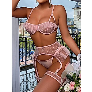 SOLY HUX Women's Valentines Sexy Mesh Lingerie Set Lace Teddy Strap Babydoll Bodysuit with Garter Belts Pure Pink L