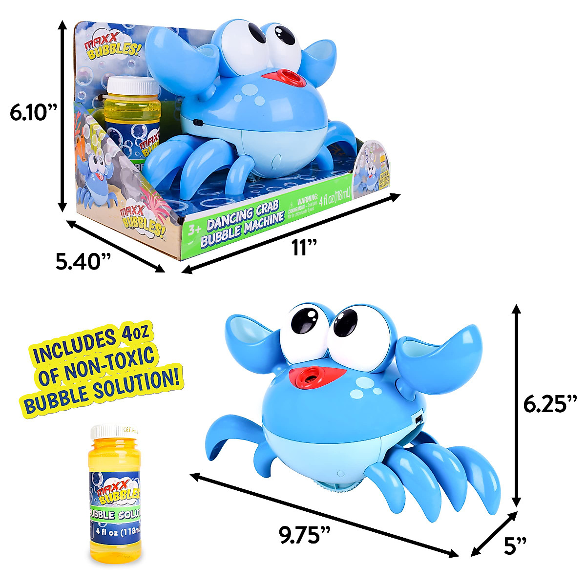 Maxx Bubbles Dancing Crab Bubble Machine - Moving Bubble Blower for Kids | Lights Up and Plays Music | 4oz Bottle of Bubble Solution - Sunny Days Entertainment,Blue