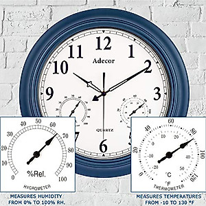 Outdoor Clocks with Thermometer and Hygrometer Combo, Waterproof Metal Wall Clock, Large Display Silent Non Ticking Battery Operated Clock for Garden/Patio/Pool/Lanai/Fence (18 Inch, Navy Blue)