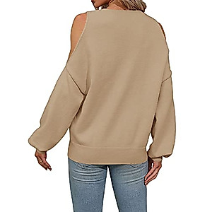 MaQiYa Women's V Neck Cold Shoulder Sweaters Oversized Batwing Long Sleeve Chunky Knit Pullover Sweater Tops Khaki