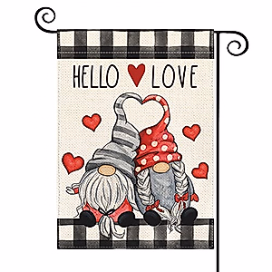 AVOIN colorlife Hello Love Valentine's Day Gnome Garden Flag 12x18 Inch Outside Double Sided, Buffalo Plaid Rustic Farmhouse Yard Outdoor Decoration