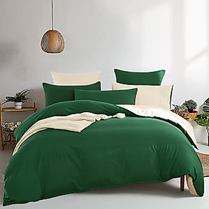 Sedefen Dark Green Duvet Cover Reversible Beige Duvet Cover King Size 3 Pieces Soft Microfiber Minimalist Style Solid Colored Bedding Set with Zipper Ties Home Deco Gift Choice