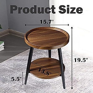 FANTERSI Small Round Side Table, 2-Tier Mid Century Modern Side Table, Round End Table Small Side Table for Living Room, Metal Frames, Brown