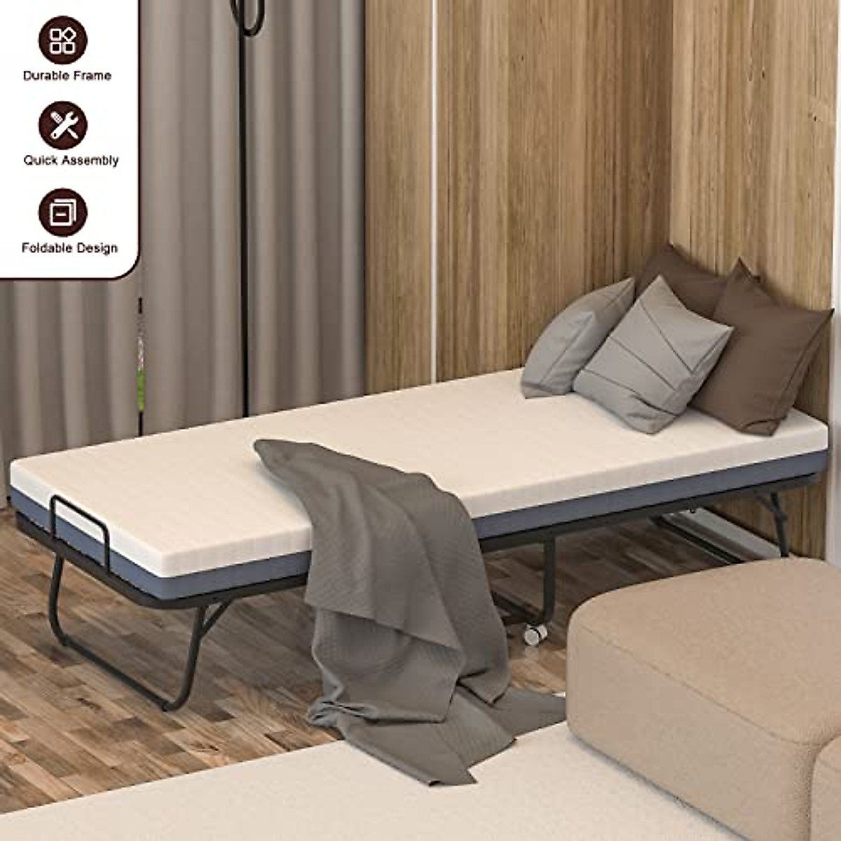 PONROL Folding Bed with Luxurious Memory Foam Mattress, Portable Foldable Roll Away Adult Bed for Guest, Space Saving Fold Up Soft Mattress Bed for Easy Storage, 75" L*31”W